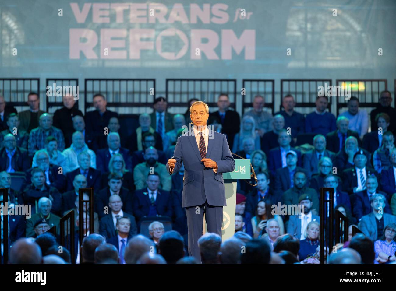 Reform UK leader Nigel Farage speaks during a Veterans for Reform rally ...