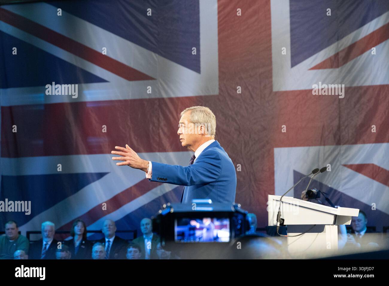 Reform UK leader Nigel Farage speaks during a Veterans for Reform rally ...