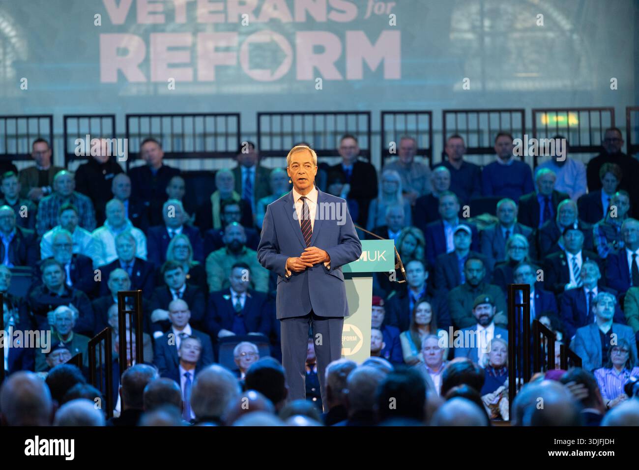 Reform UK leader Nigel Farage speaks during a Veterans for Reform rally ...