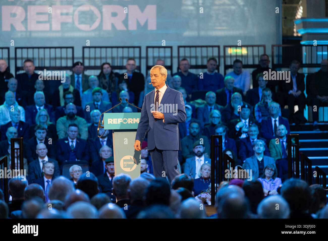 Reform UK leader Nigel Farage speaks during a Veterans for Reform rally ...
