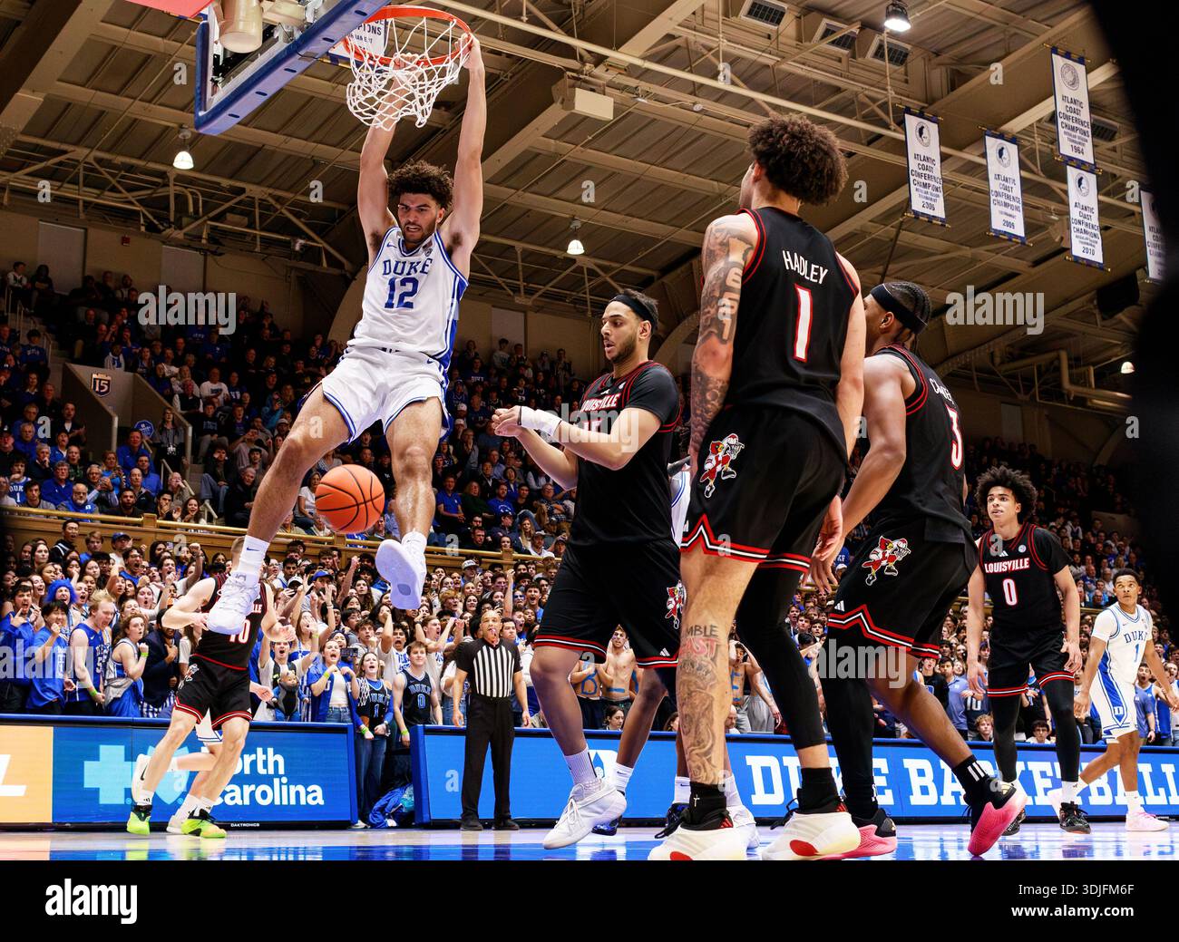 Duke's Cameron Boozer (12) dunks during the second half of an NCAA ...