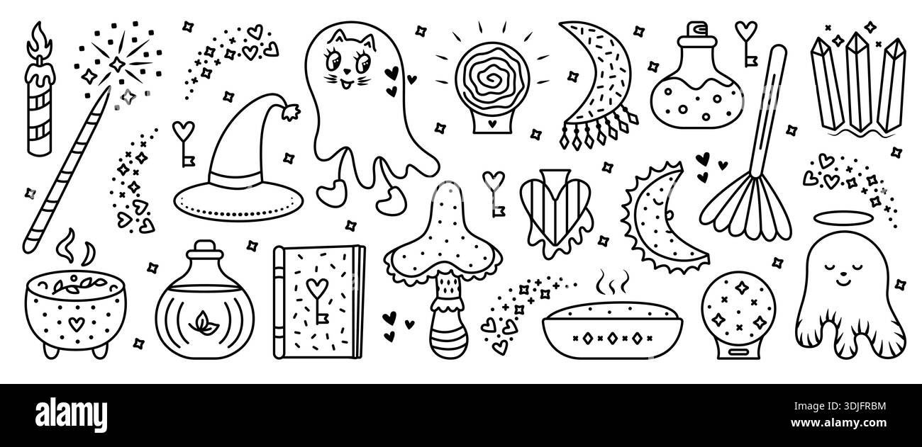Black line witchy vector set. Monochrome outline isolated symbols ...