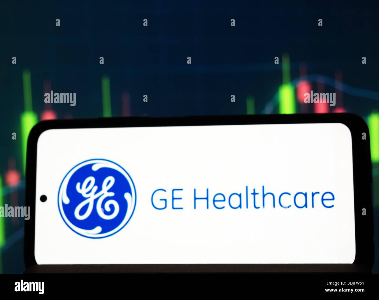 In this photo illustration, the GE Healthcare Technologies, Inc. logo ...