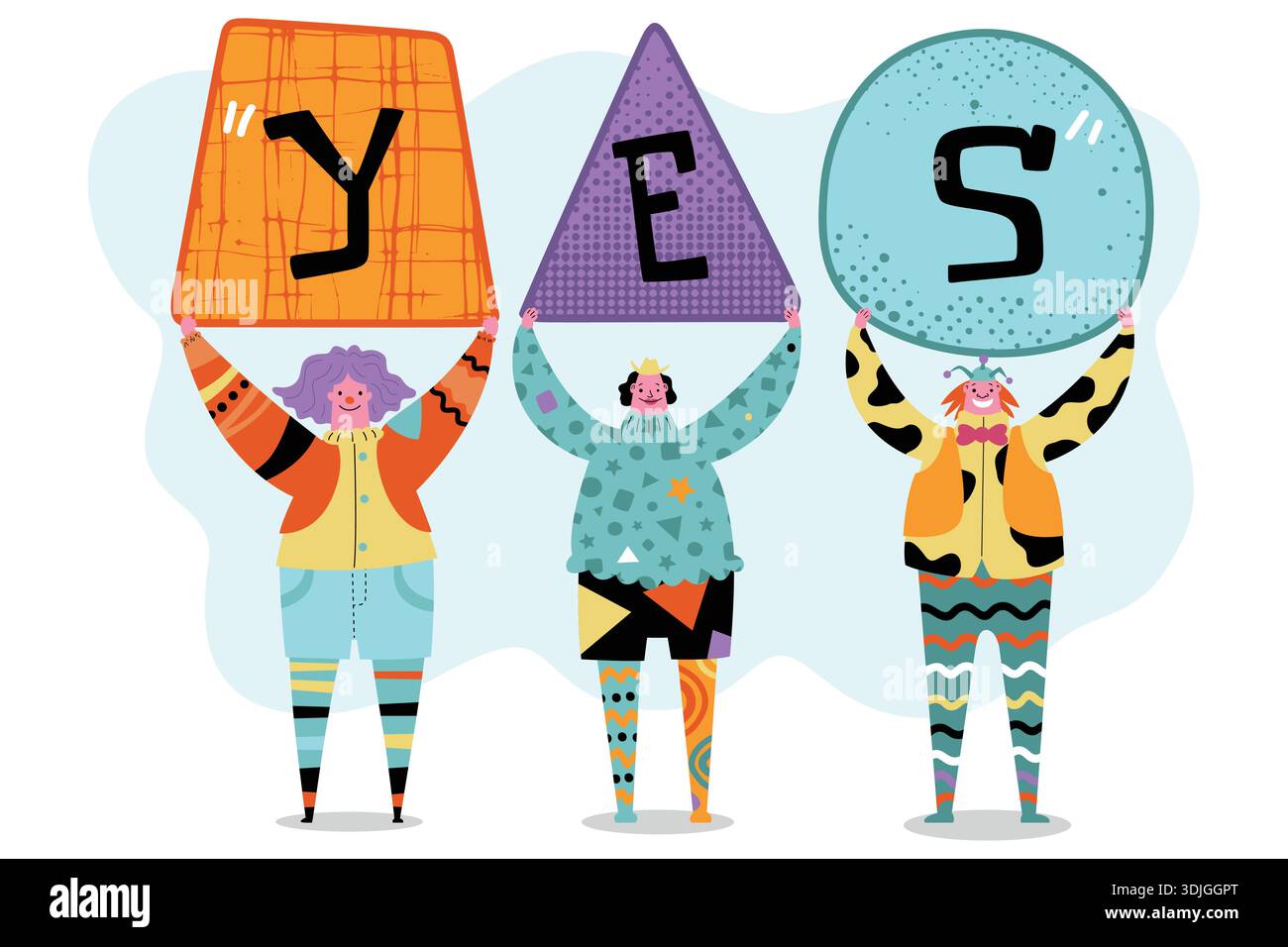 Diverse people holding geometric shapes spelling the word yes Stock ...