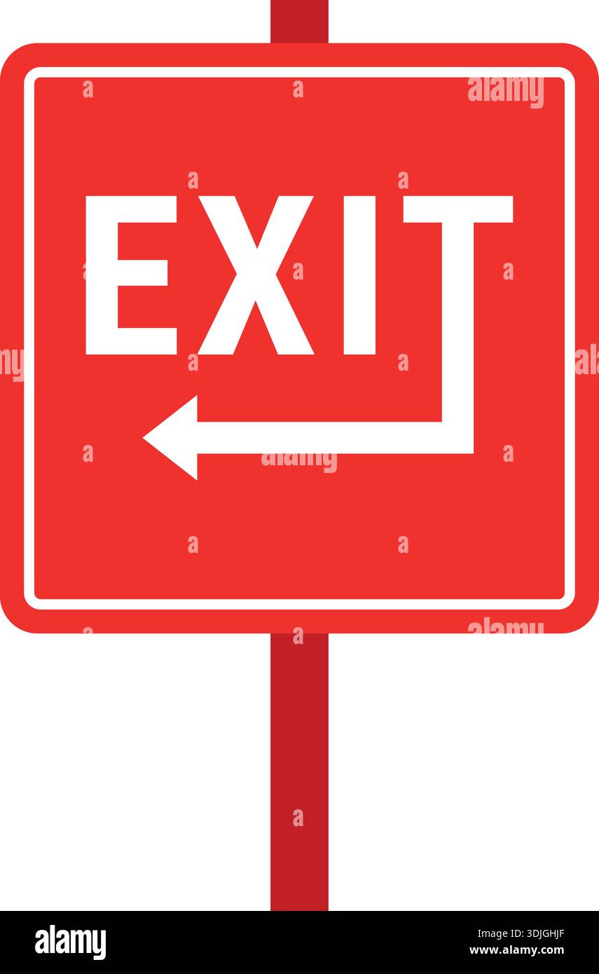Red square exit sign vector icon with white text and left pointing ...