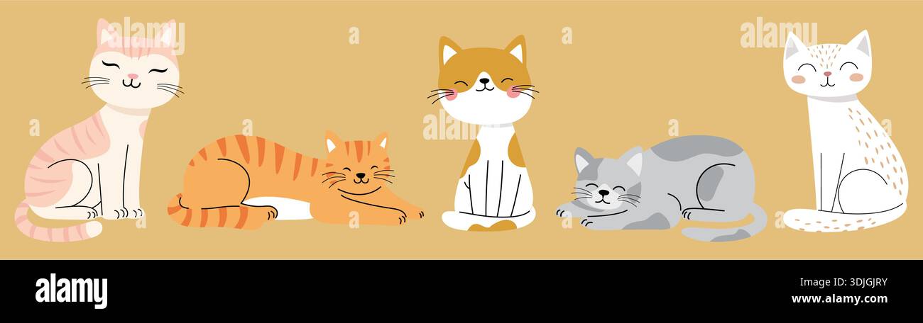 Collection of cute and diverse cats in different relaxed poses Stock ...