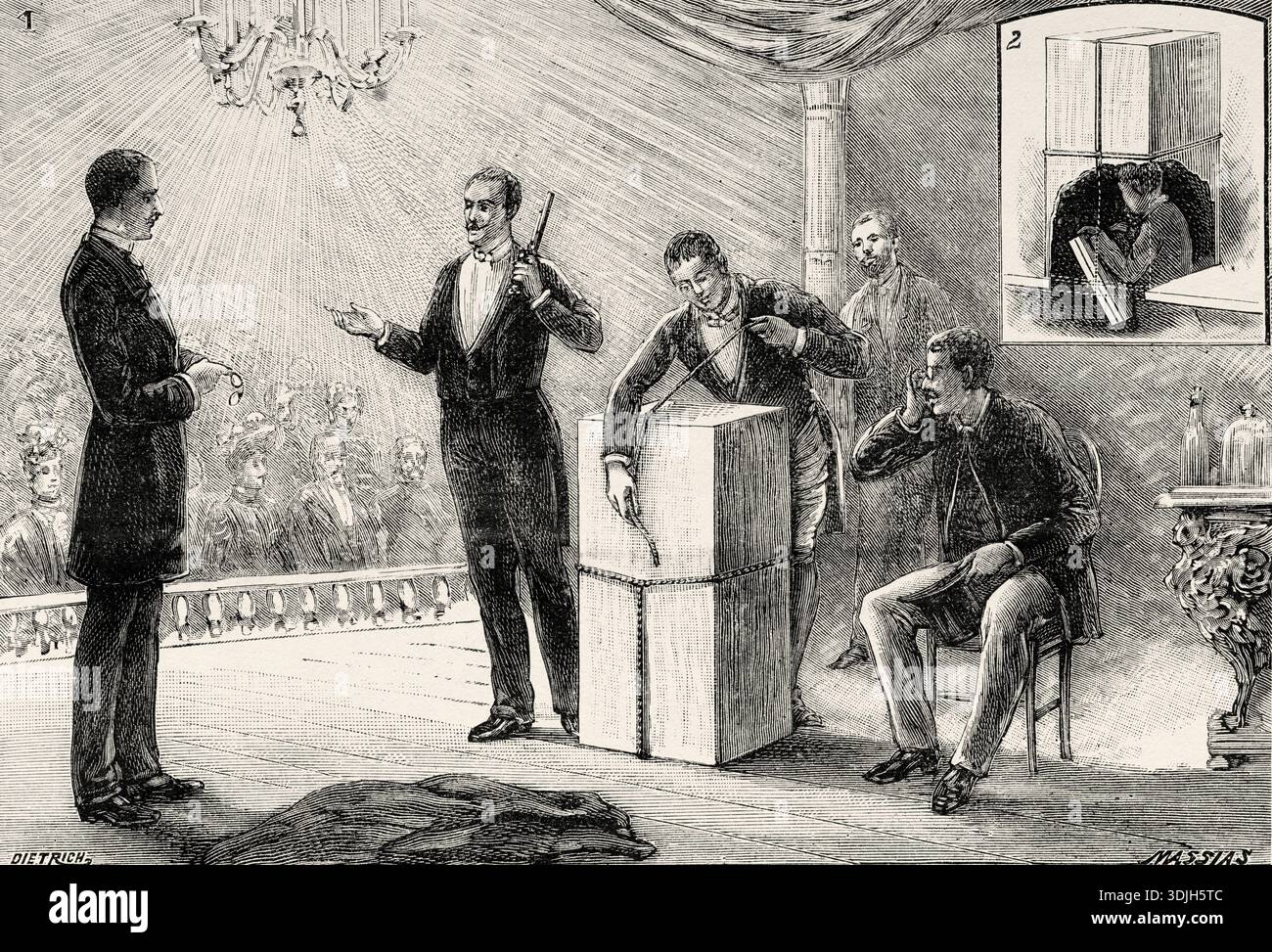 Indian trunk experiment performed by a magician in a theater. Old 19th ...
