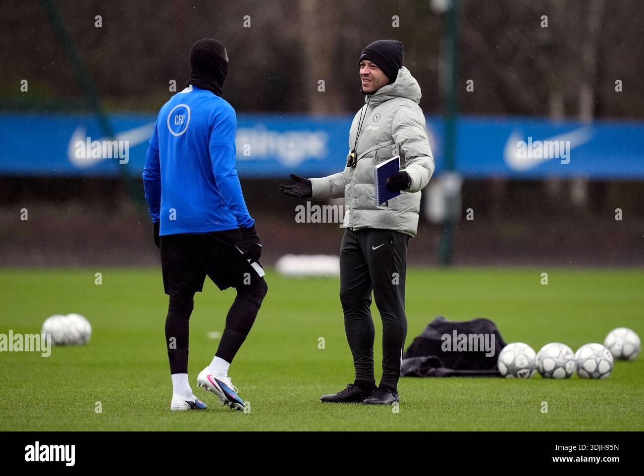 Chelsea head coach Liam Rosenior during a training session at Cobham ...