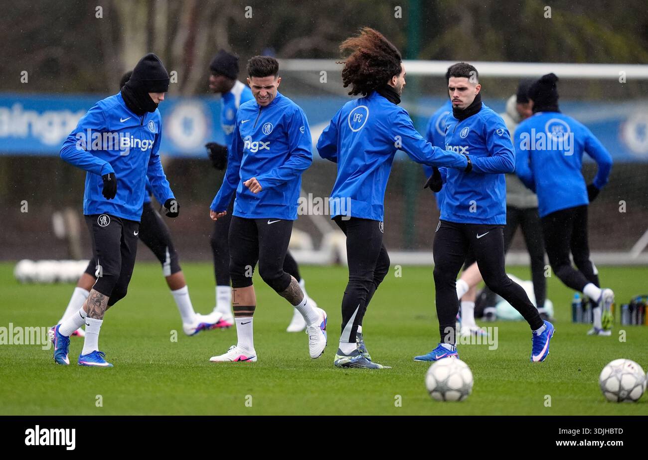 Chelsea players during a training session at Cobham Training Ground ...