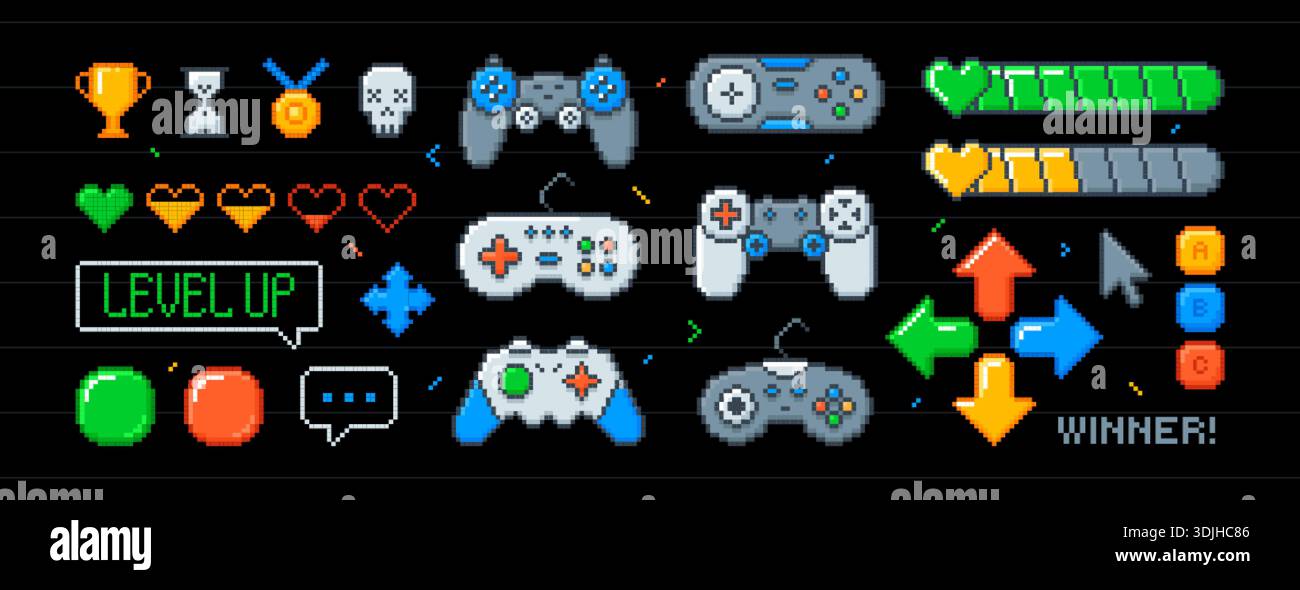 Vector set of pixel art arcade ui buttons, joystick, arrows, life bar ...