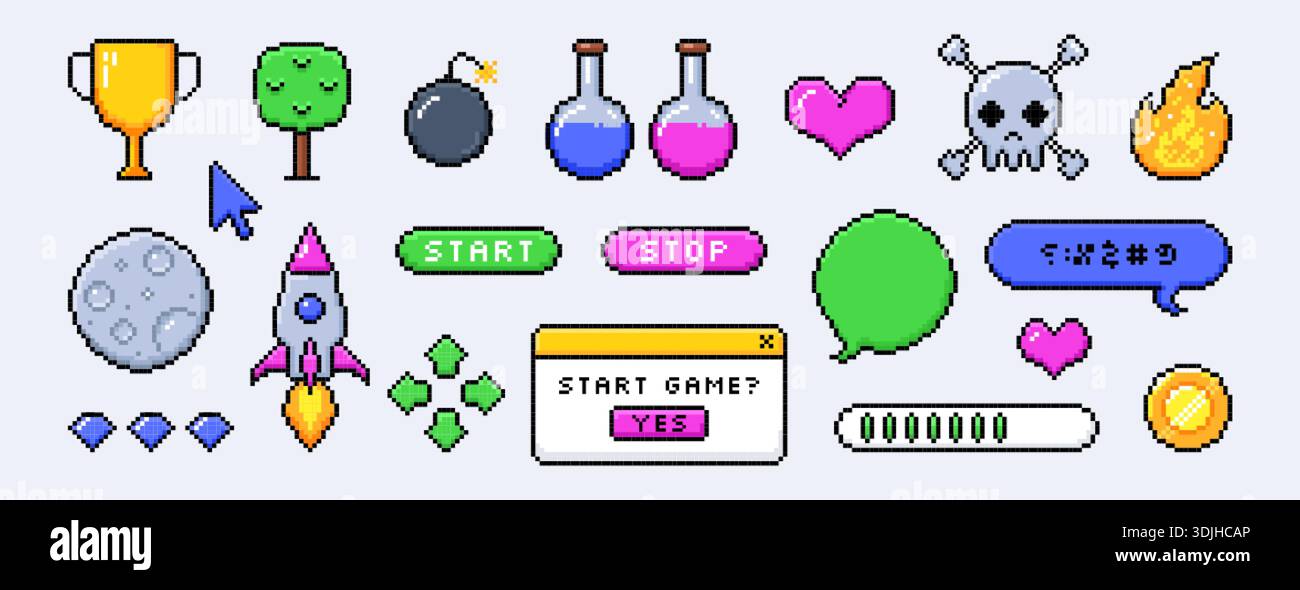 Vector set of pixel art 8bit arcade ui buttons, loading bar, heart love ...