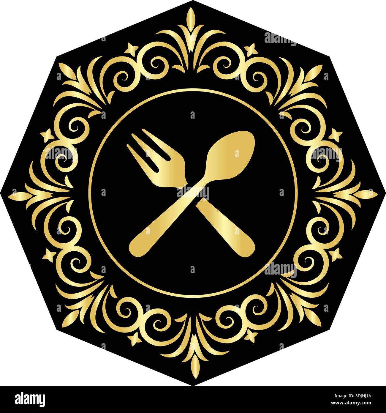 Elegant octagonal restaurant logo with golden decorative frame and ...
