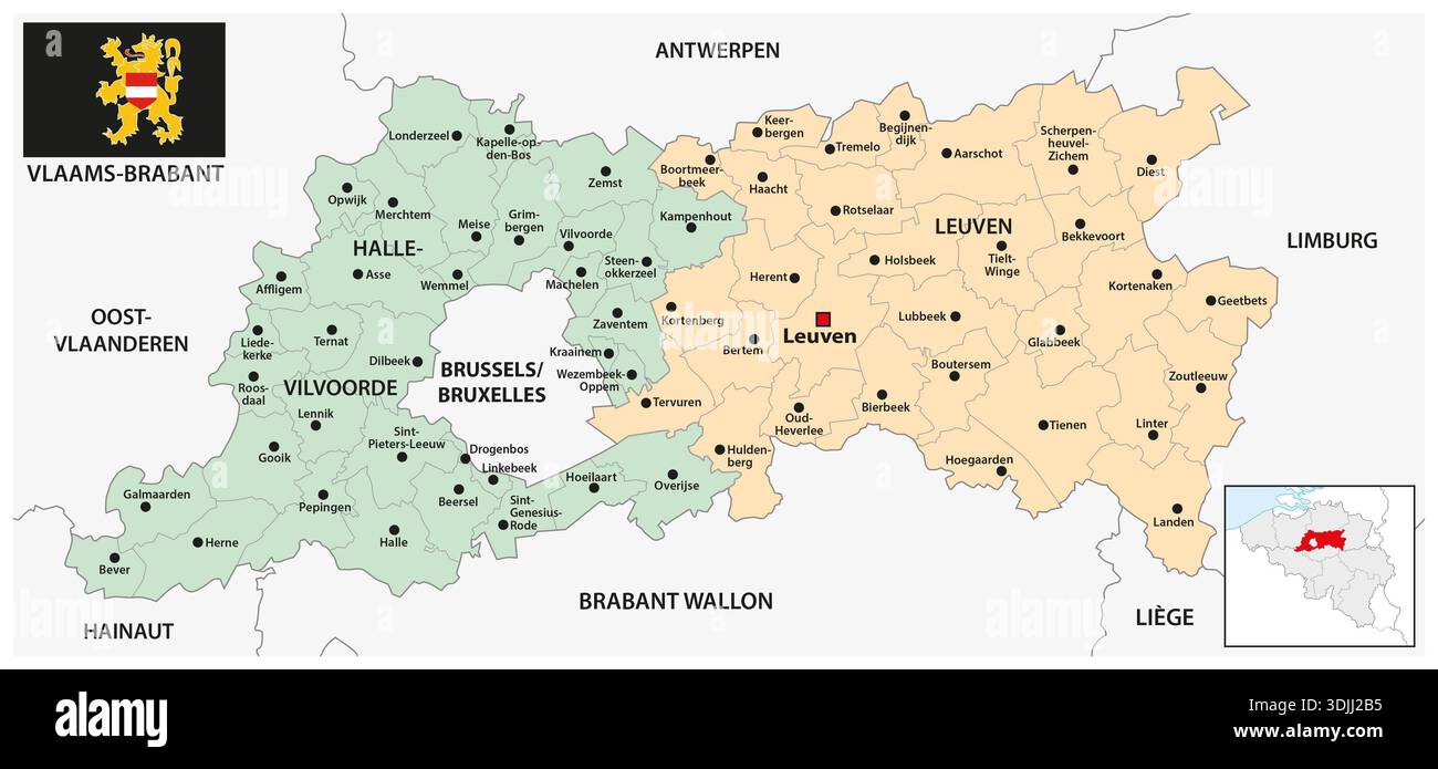 Administrative map of the Belgian province of Flemish Brabant Stock ...