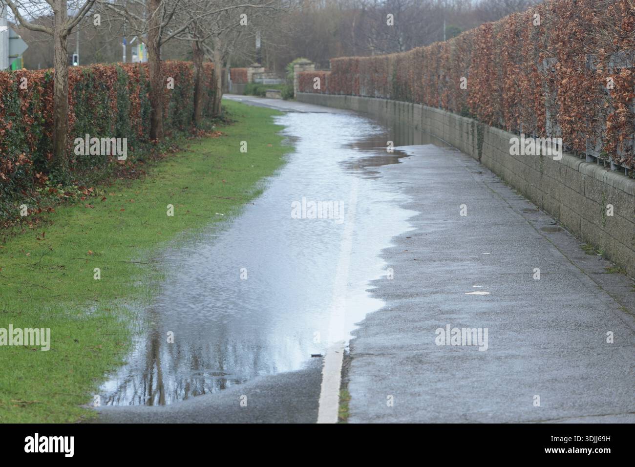 Dublin, Ireland - 27th January 2026: A flooded footpath and cycle lane ...