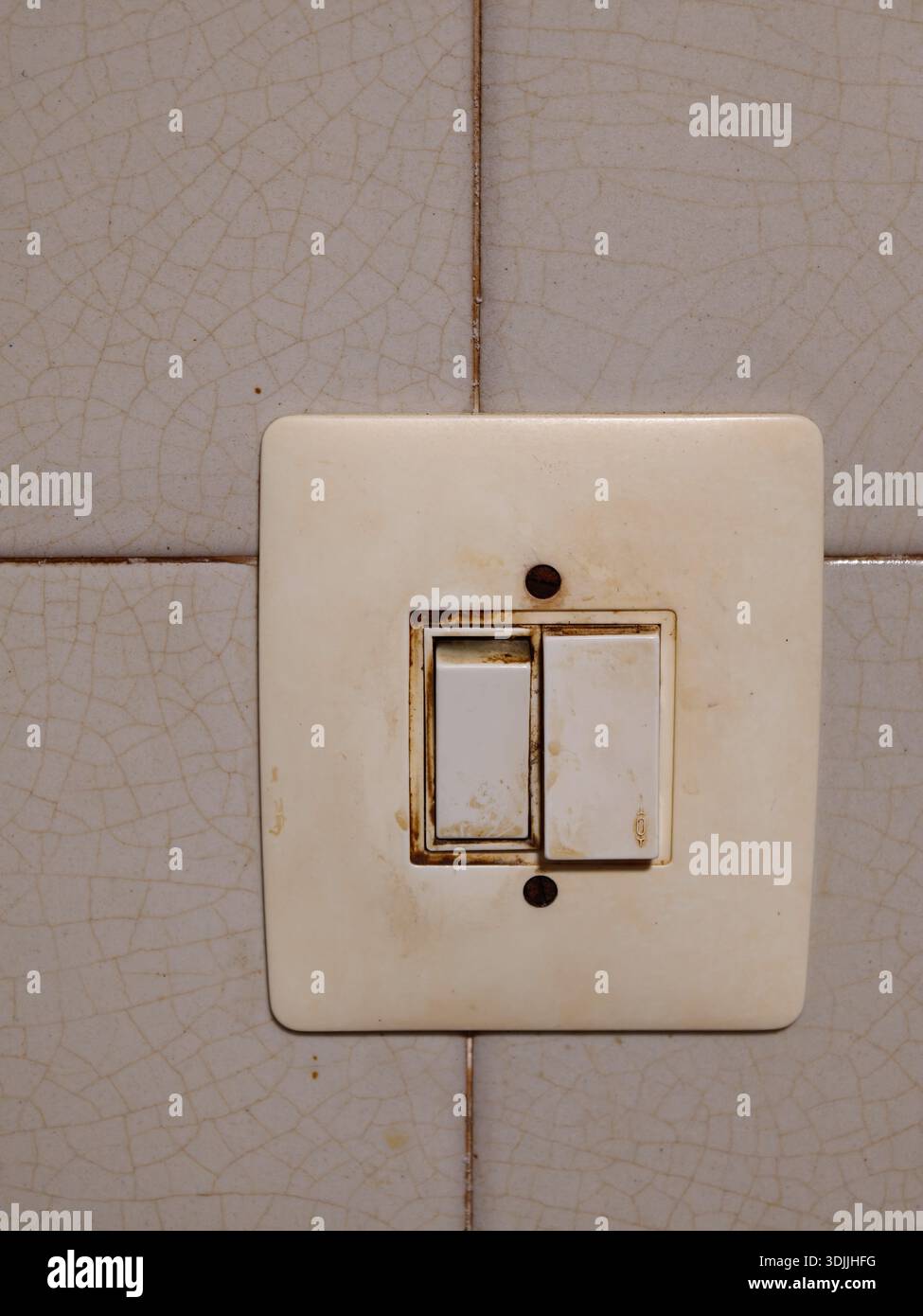 Aged cream colored light switch covered in grime and rust marks ...