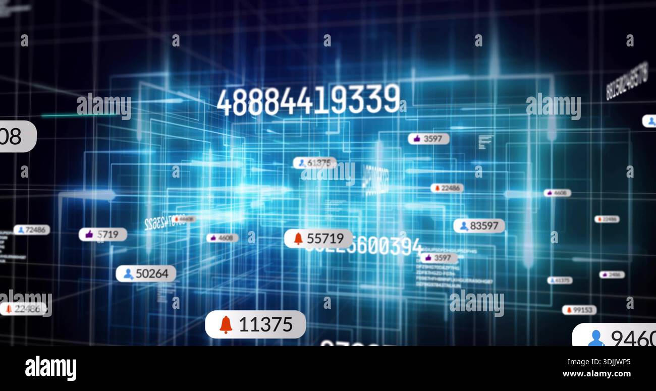 Displaying glowing cyan wireframe tunnel with large numeric 48884419339 ...