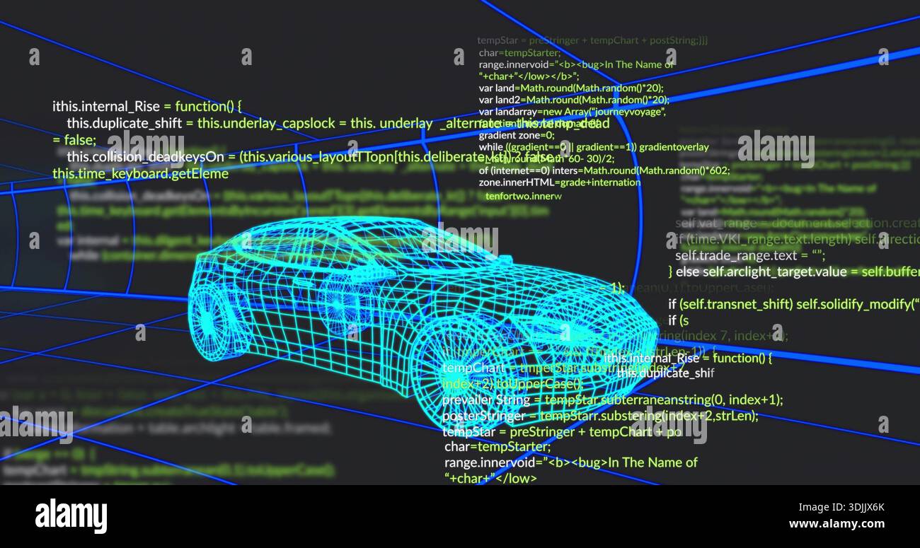 Rendering neon-cyan wireframe sedan model rotating in virtual 3D CAD ...