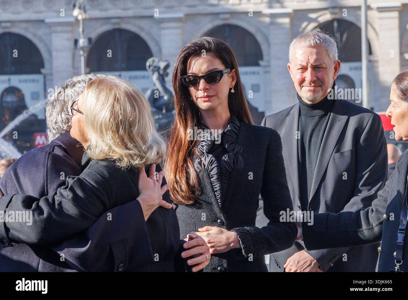 1/23/2026 Anne Hathaway arrives at the Valentino Garavani's funeral at ...