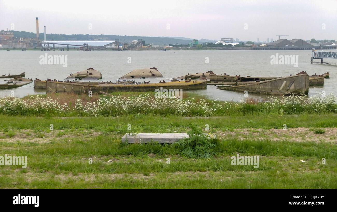 Concrete barges used by British soldiers for D-day use now in situ and ...