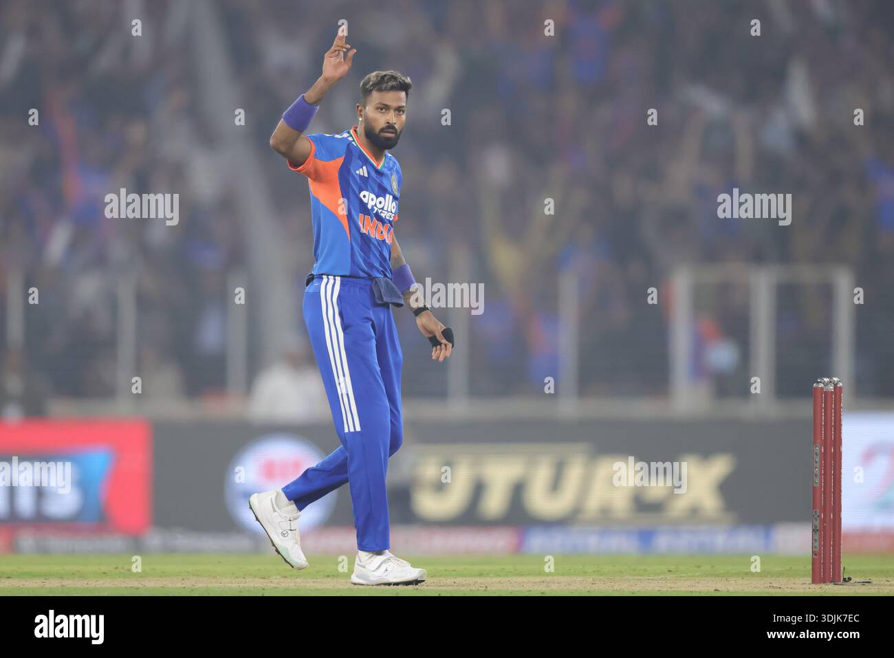 Hardik Pandya of India dismisses and celebrates wicket of Dewald Brevis ...