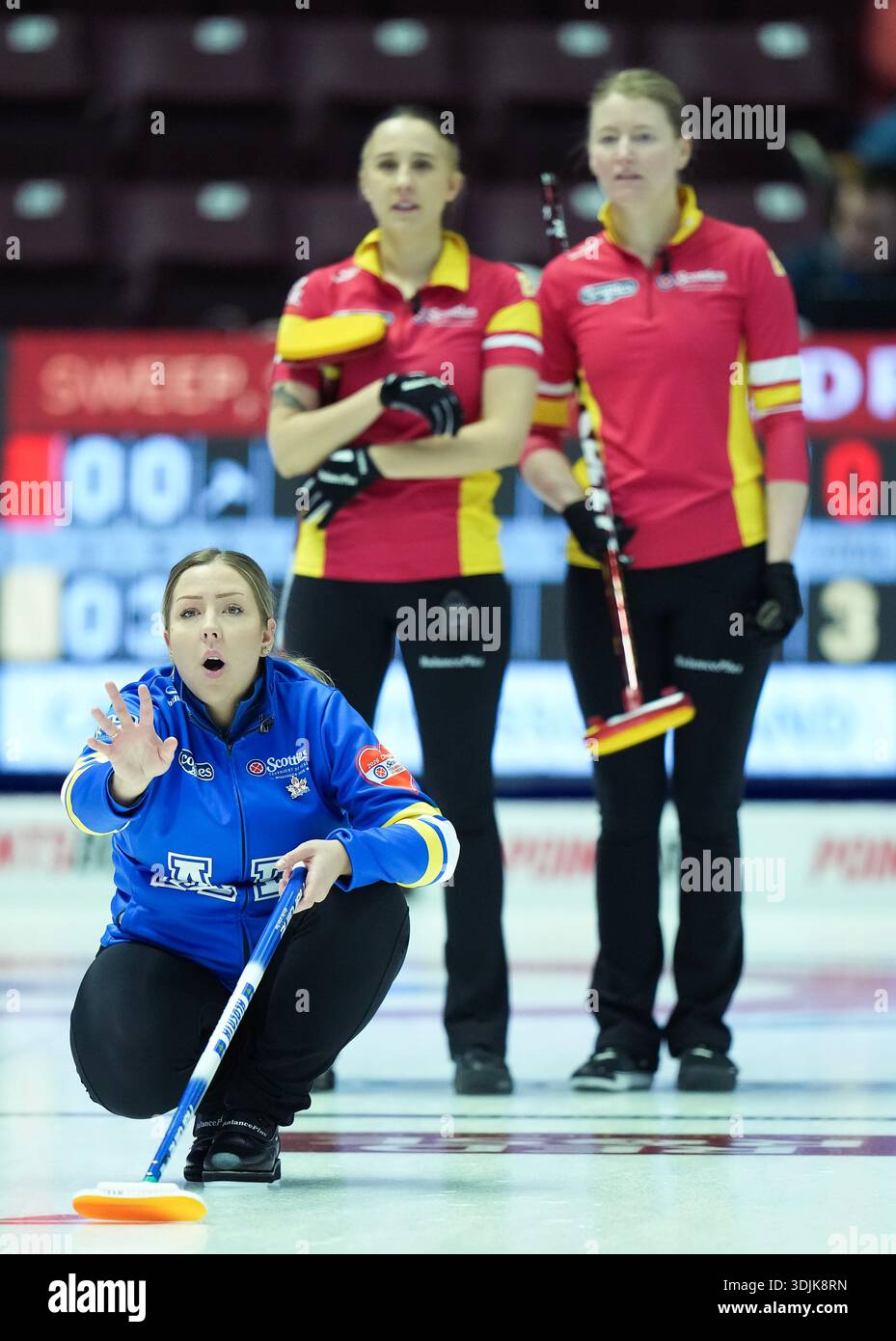 Team Alberta skip Selena Sturmay, front, yells while competing against ...