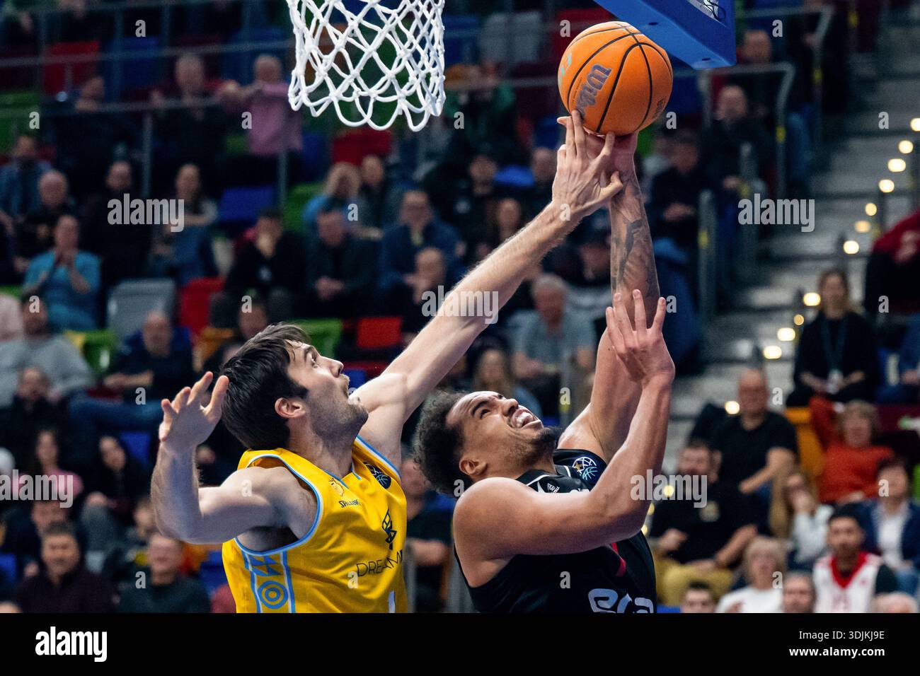 Mike Tobey of Gran Canaria, left, and Marcus Santos Silva of Nymburk in ...