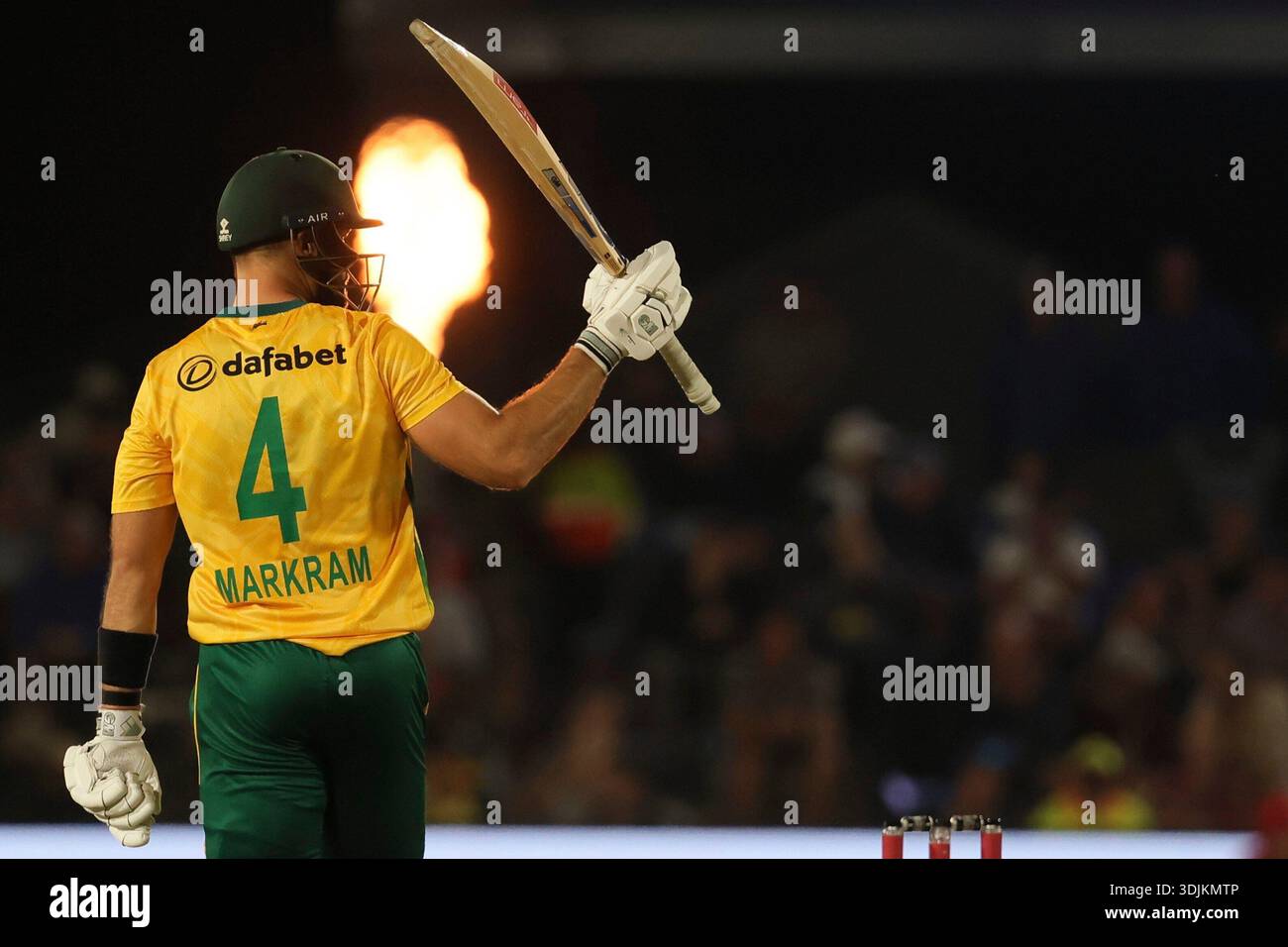 South Africa's batsman Aiden Markram raises his bat after scoring a ...