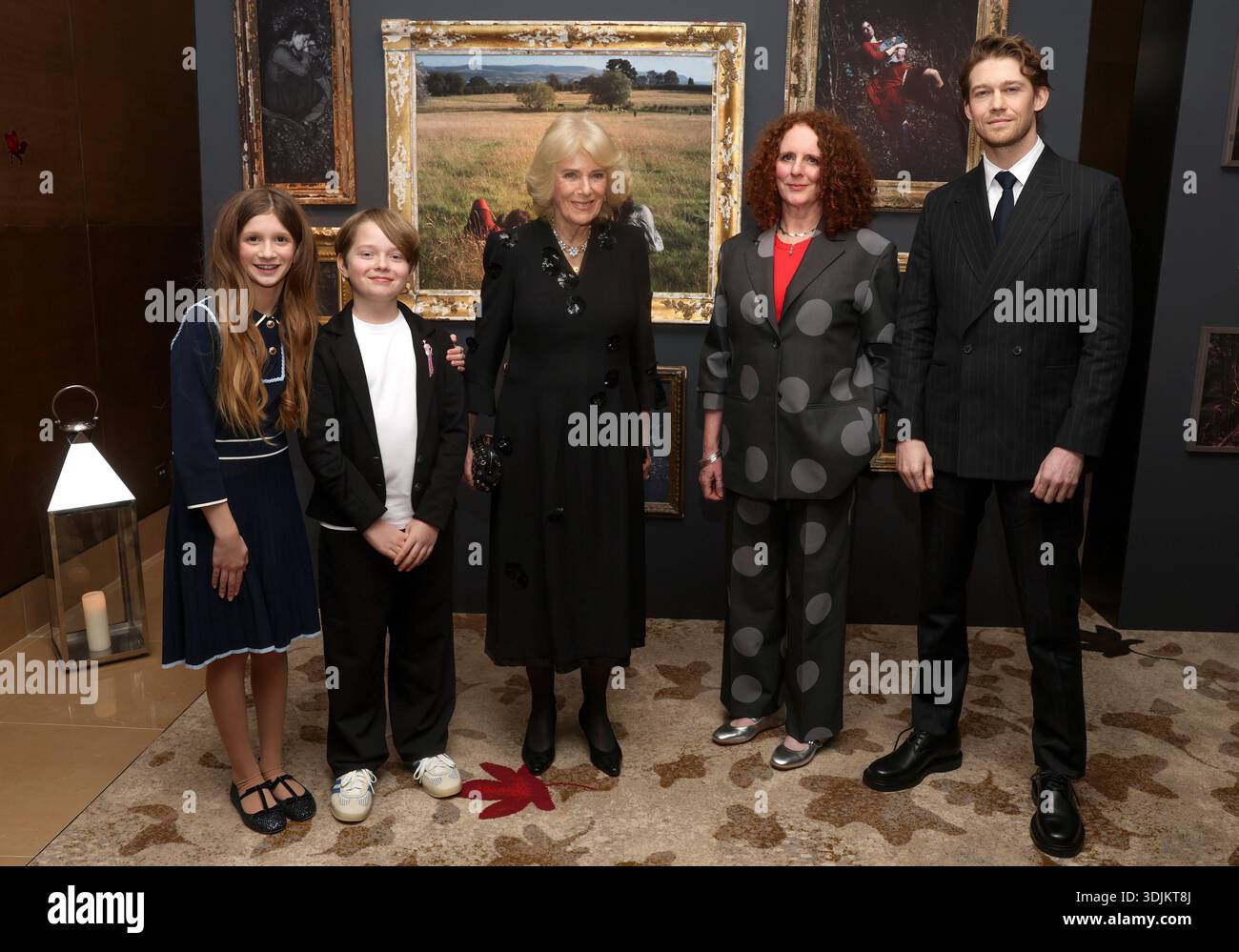 From left, Olivia Lynes, Jacobi Jupe, Queen Camilla, Maggie O'Farrell ...