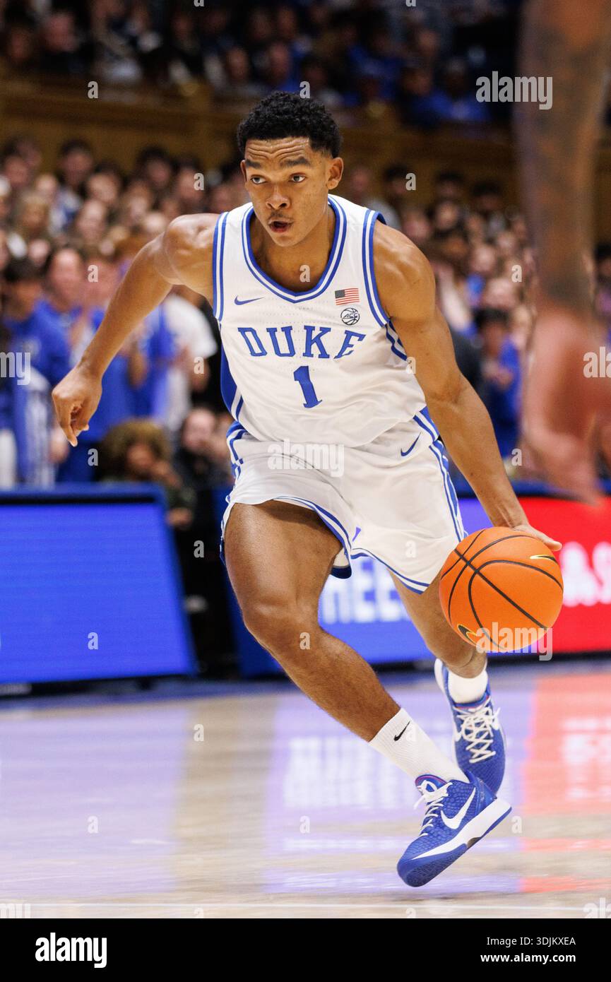 Duke's Caleb Foster (1) handles the ball during an NCAA college ...