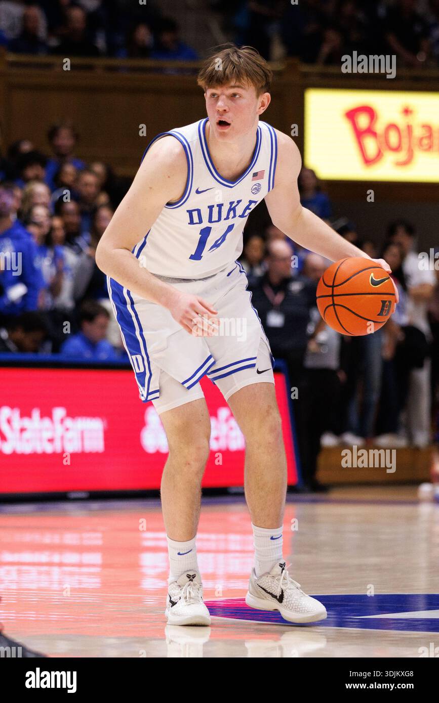Duke's Nikolas Khamenia (14) handles the ball during an NCAA college ...