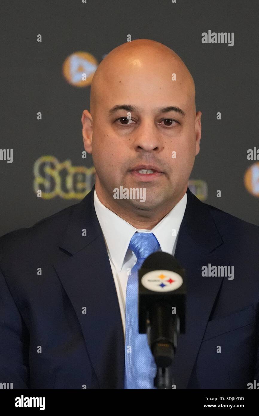 Pittsburgh Steelers General Manager Omar Khan attends a news conference ...