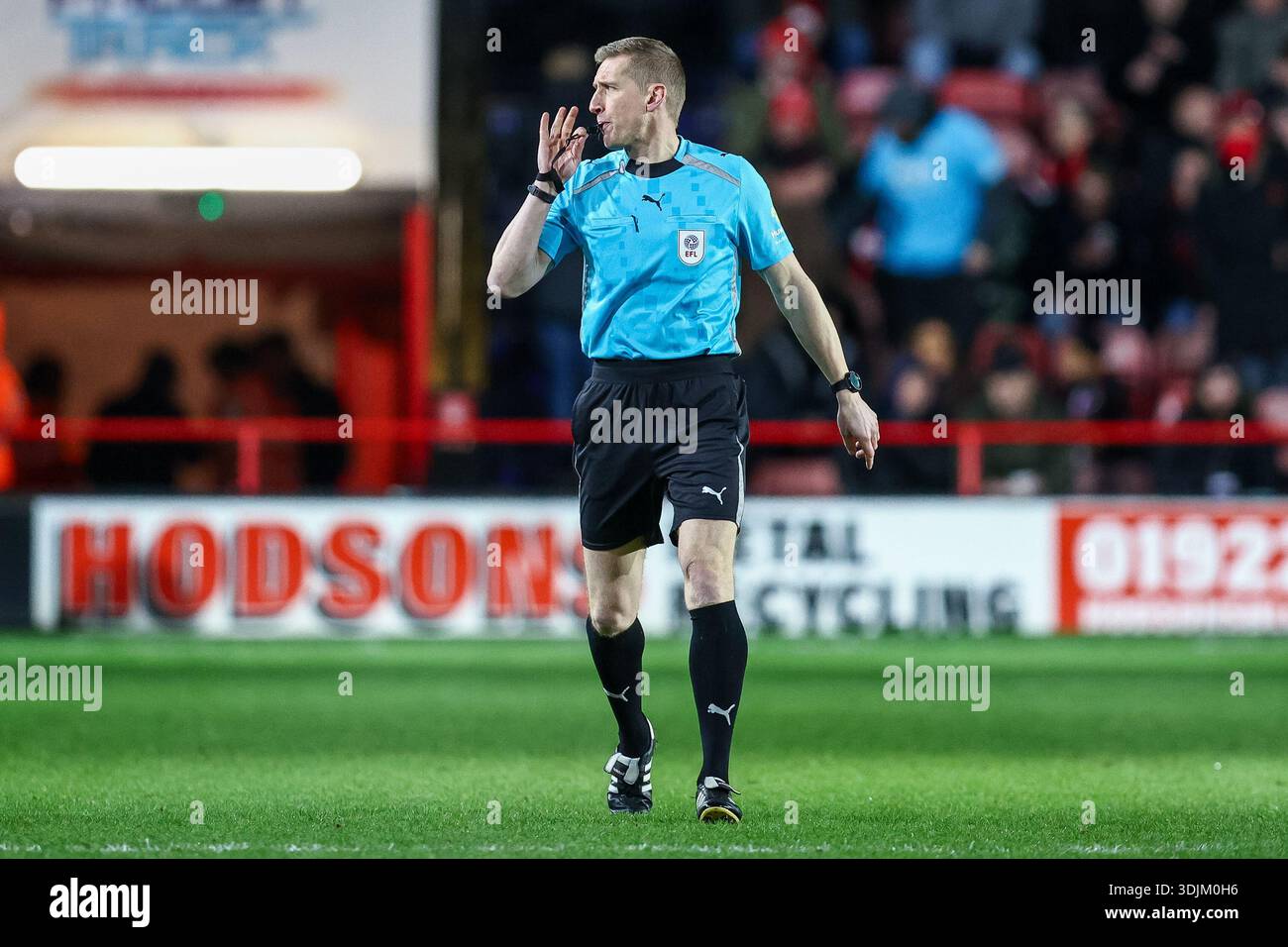 Referee, Scott Oldham blows his whistle during the Sky Bet League 2 ...