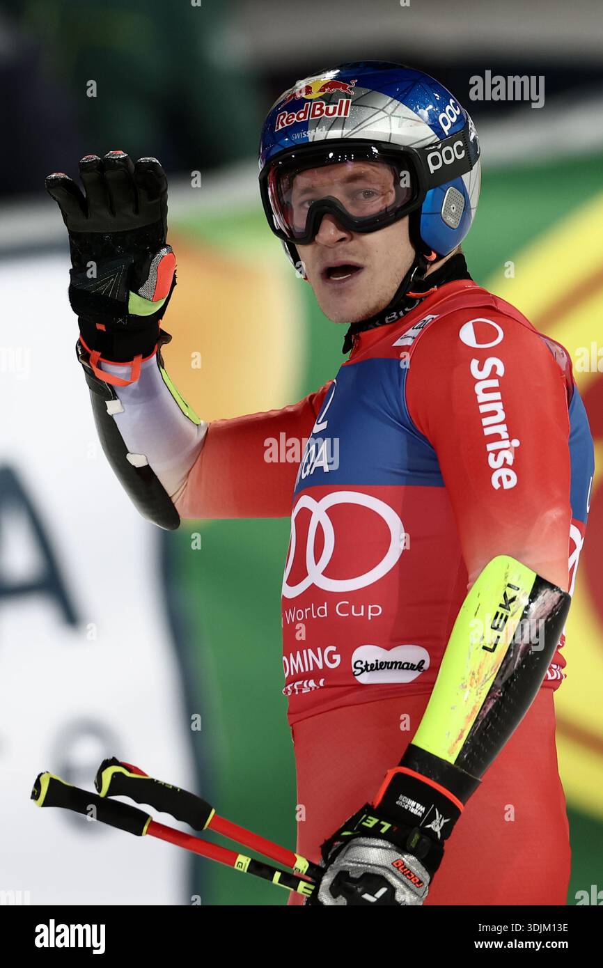 Switzerland's Marco Odermatt reacts at finish line during an alpine ski ...