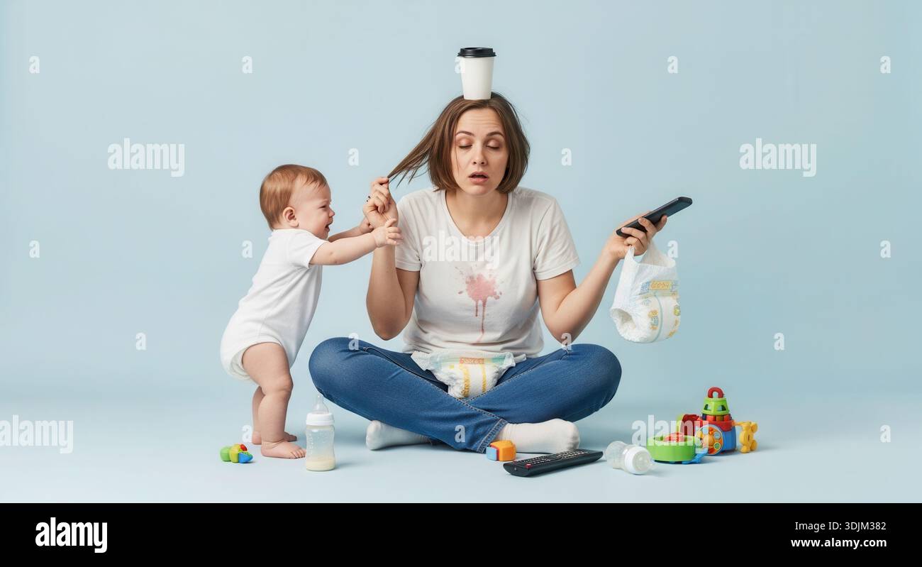 Stressed mom sitting with crying baby pulling hair, balancing coffee ...