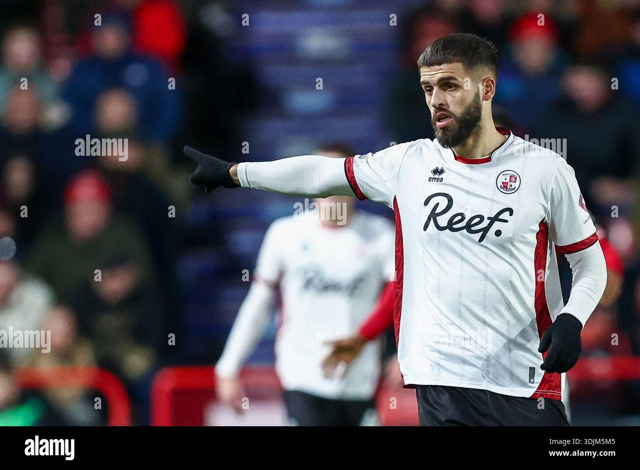 4, Geraldo Bajrami of Crawley Town points during the Sky Bet League 2 ...