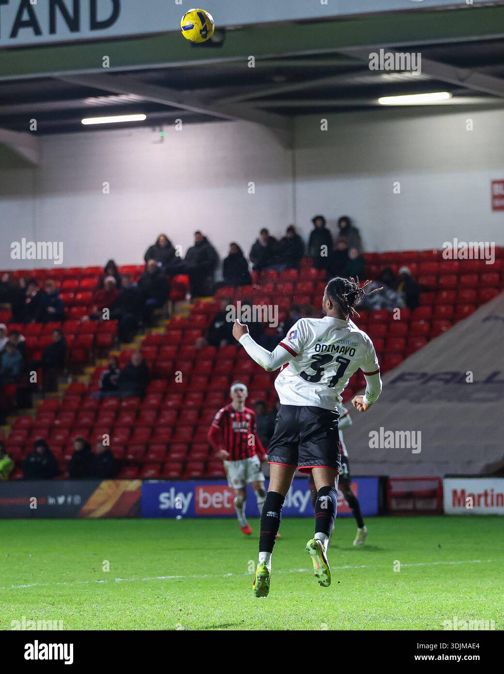 31, Akin Odimayo of Crawley Town heads the ball away during the Sky Bet ...