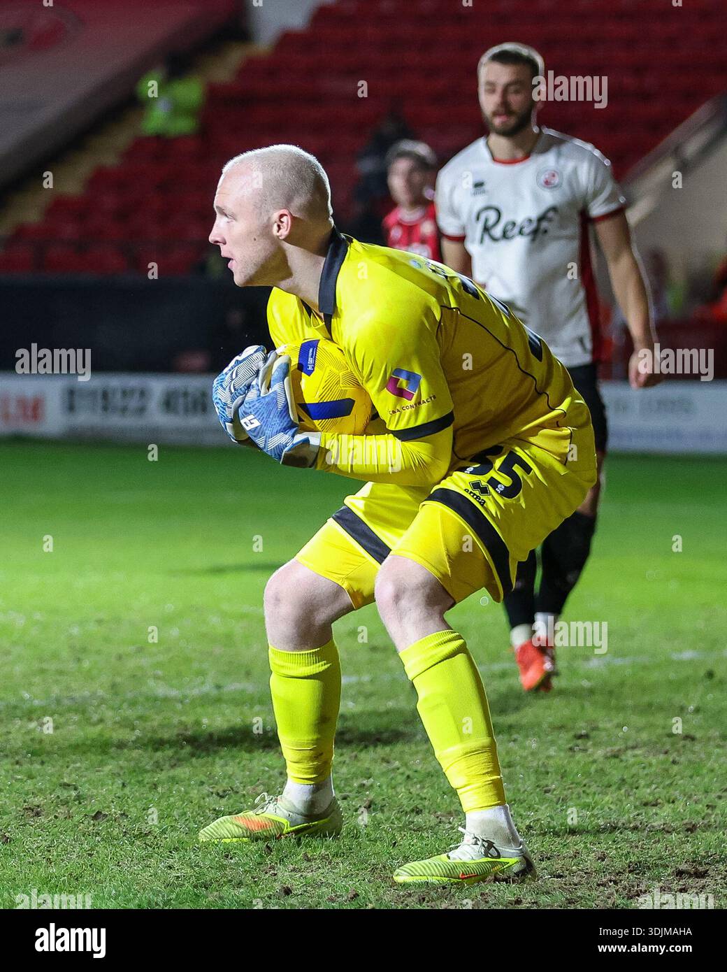 35, Jacob Chapman of Crawley Town collects the ball during the Sky Bet ...