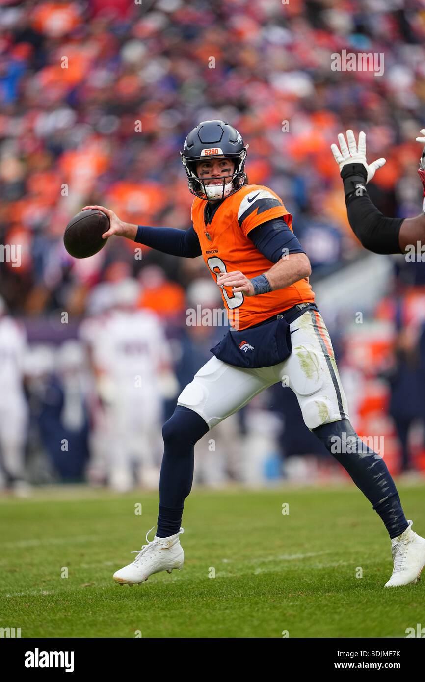 Denver Broncos quarterback Jarrett Stidham (8) throws the ball against ...