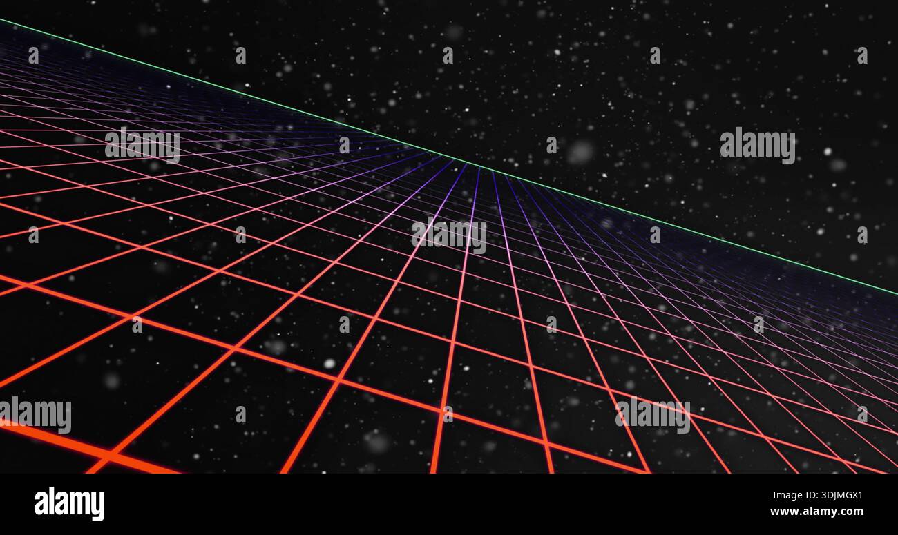 Glowing neon grid plane receding toward green horizon in virtual space ...