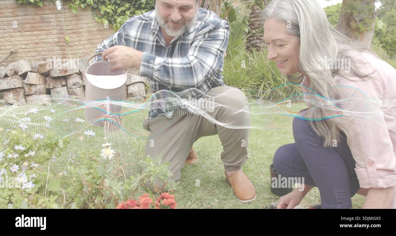 Watering mature man tilting metal watering can while senior woman ...