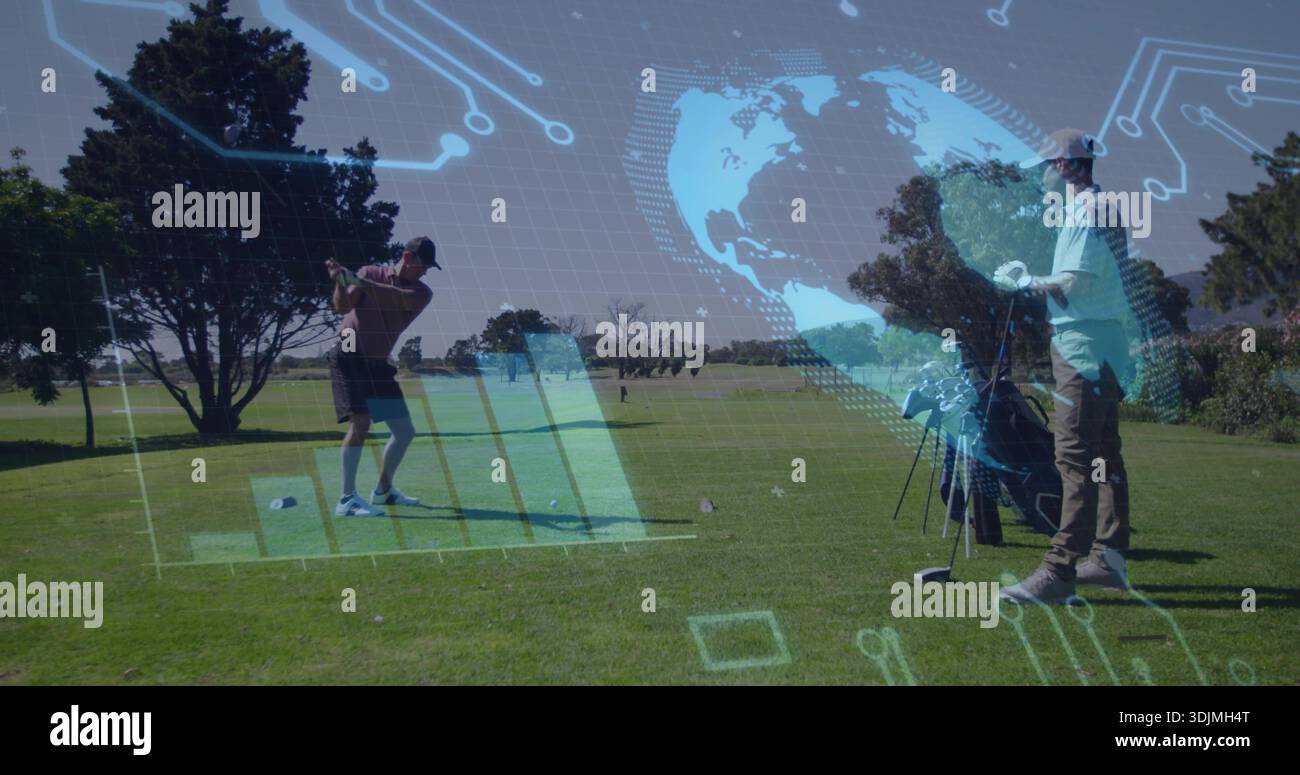 Swinging mid-adult golfer hitting shot at tee box, wearing cap, with ...