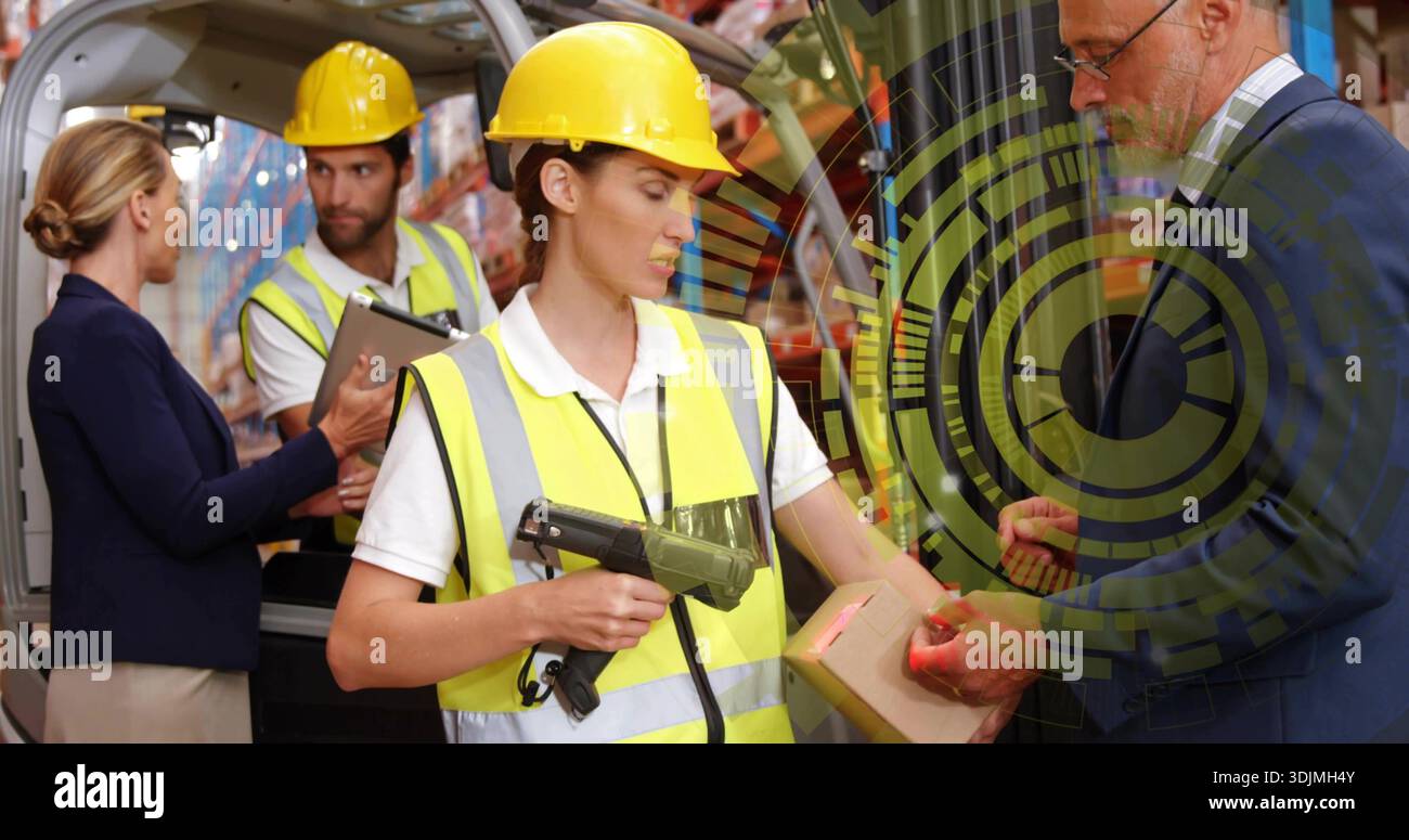 Scanning woman in hard hat and vest, operating handheld barcode scanner ...