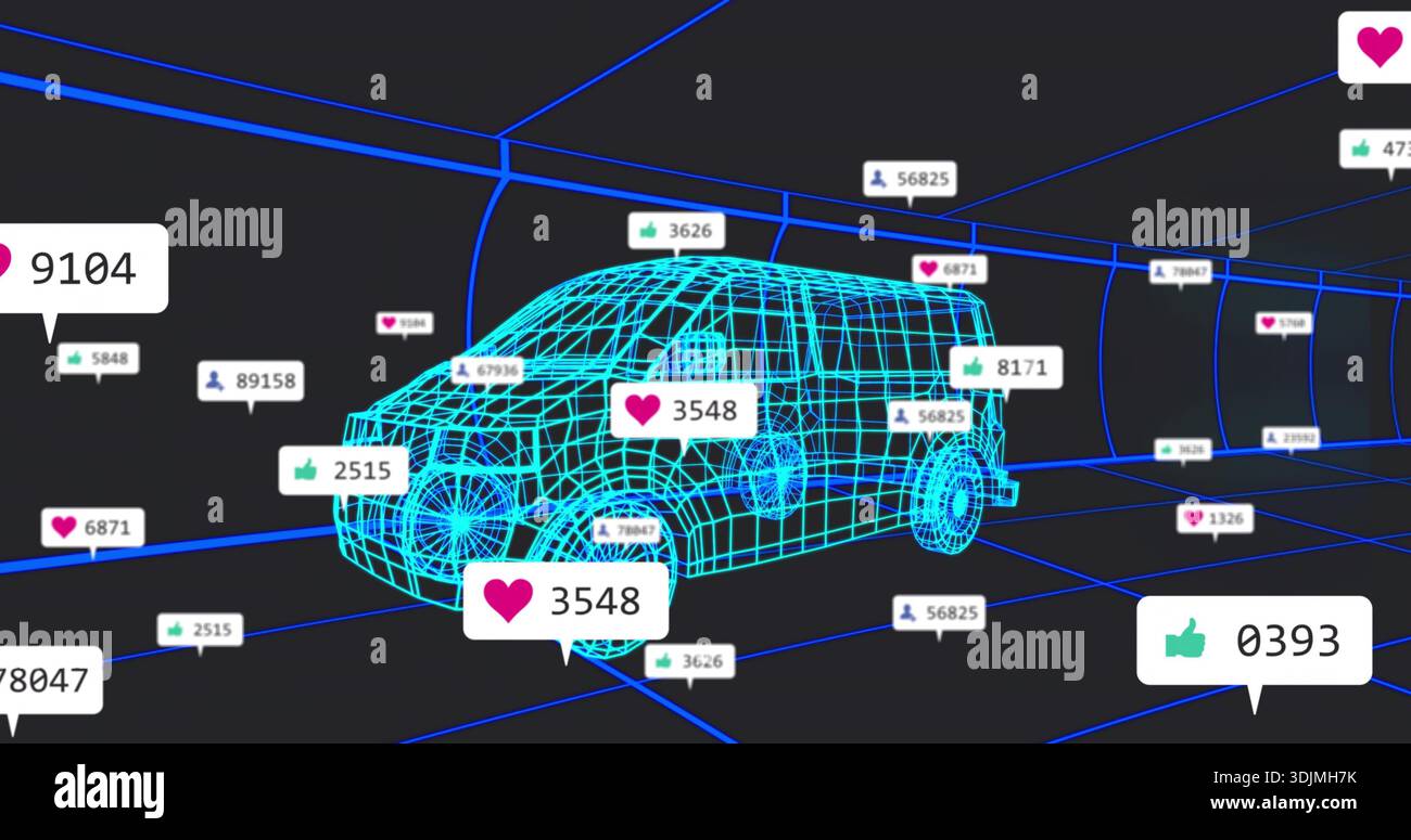 Showing cyan wireframe SUV model rotating in virtual 3D grid tunnel ...