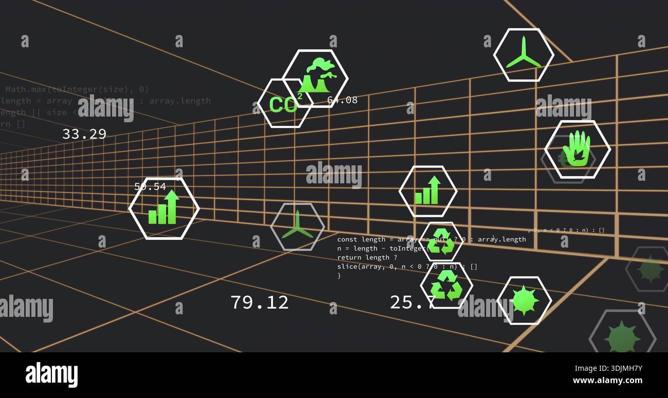 Floating hex data icons moving through orange grid tunnel, showing ...