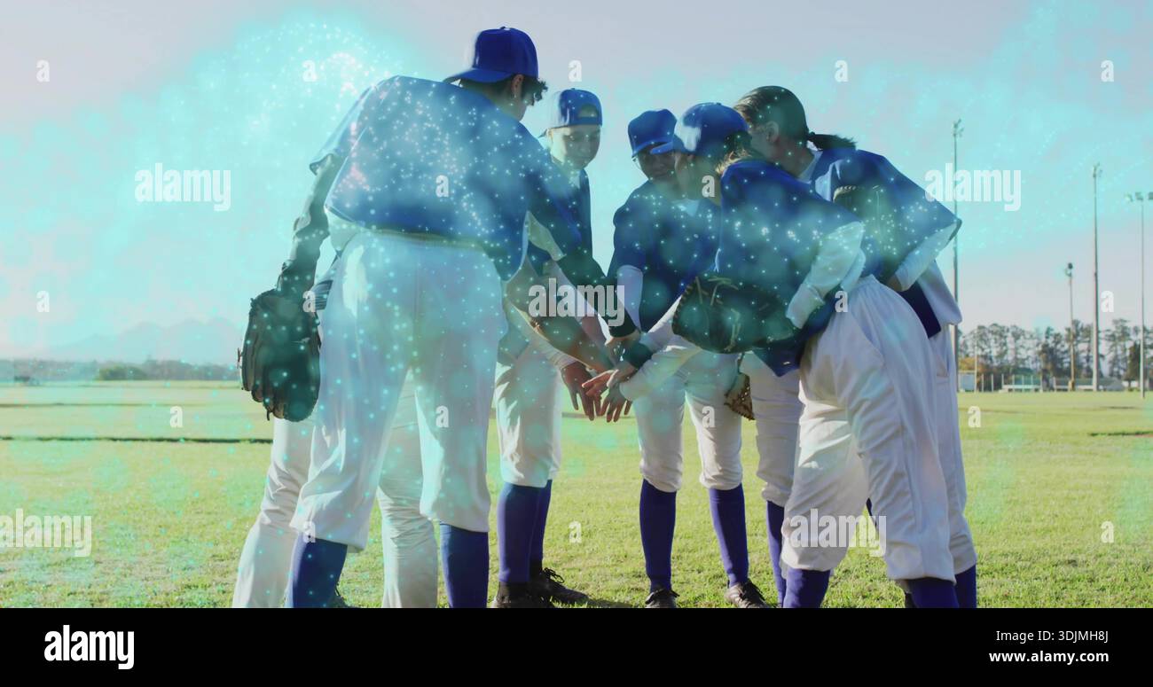 Huddling seven women leaning in on grassy field, showing baseball glove ...