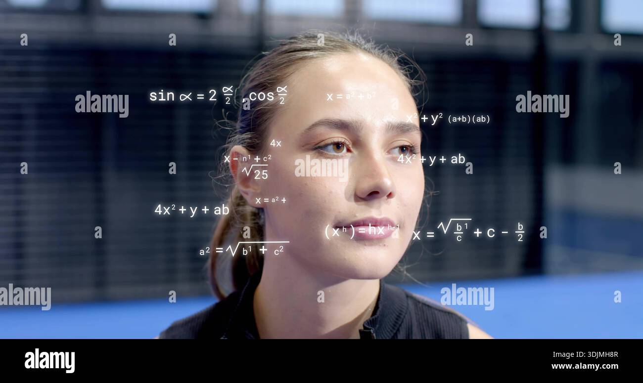Focusing woman in black sleeveless athletic top studying overlaid math ...