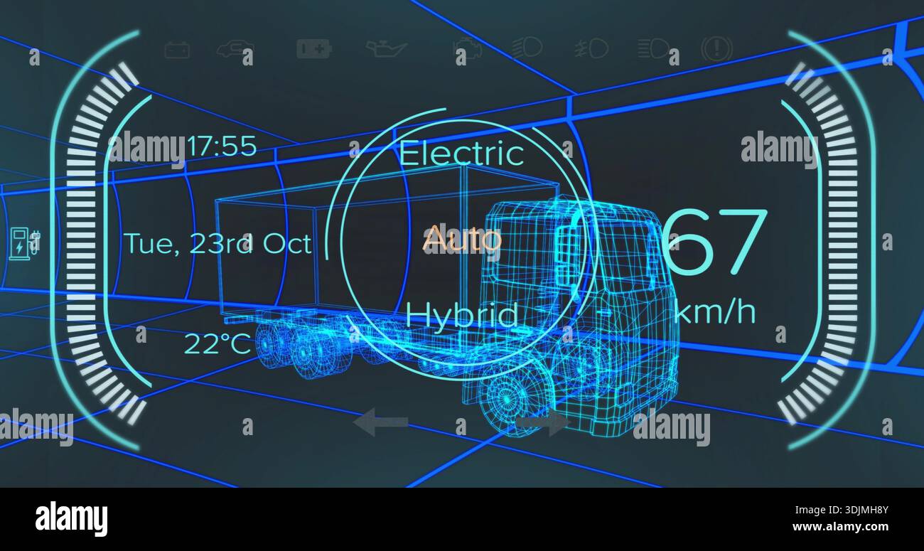 Showing wireframe truck model moving in virtual grid tunnel, with mode ...