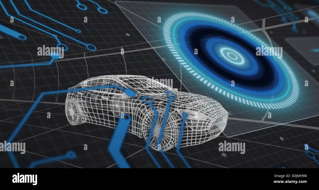 Displaying wireframe 3D sedan model rotating on dark perspective grid ...