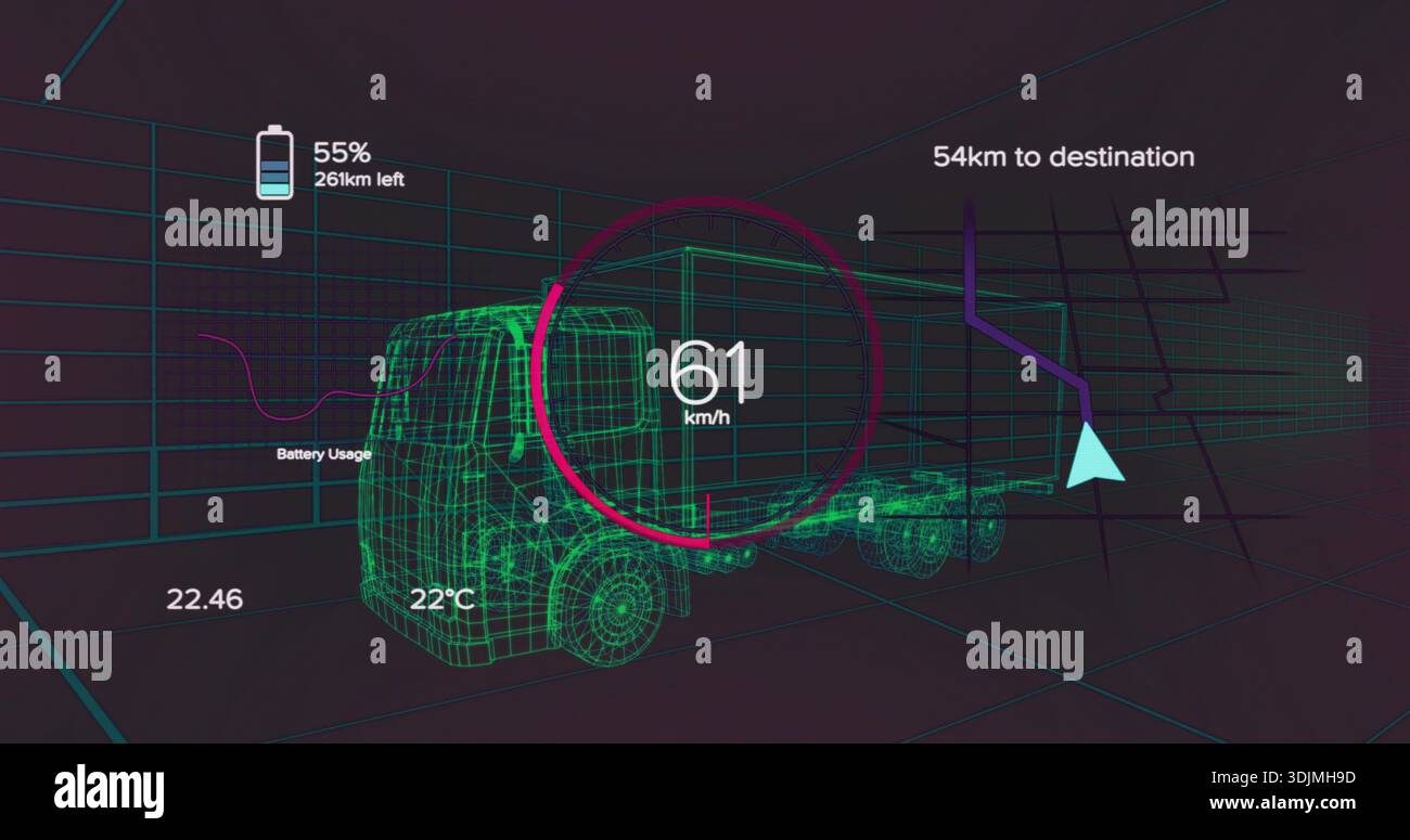 Displaying wireframe truck-trailer navigating grid-tunnel, showing HUD ...