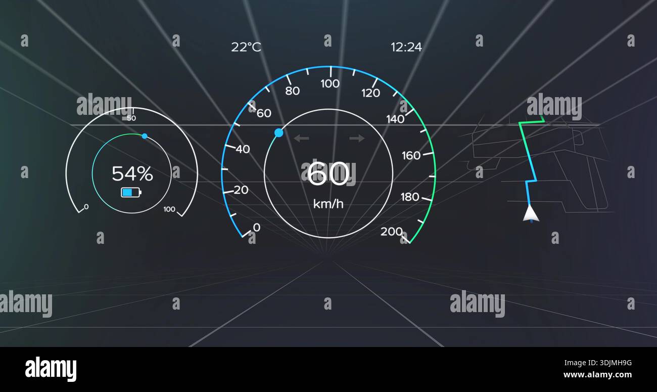 Displaying central speed 60 km or h on cockpit HUD, 54% battery, nav ...